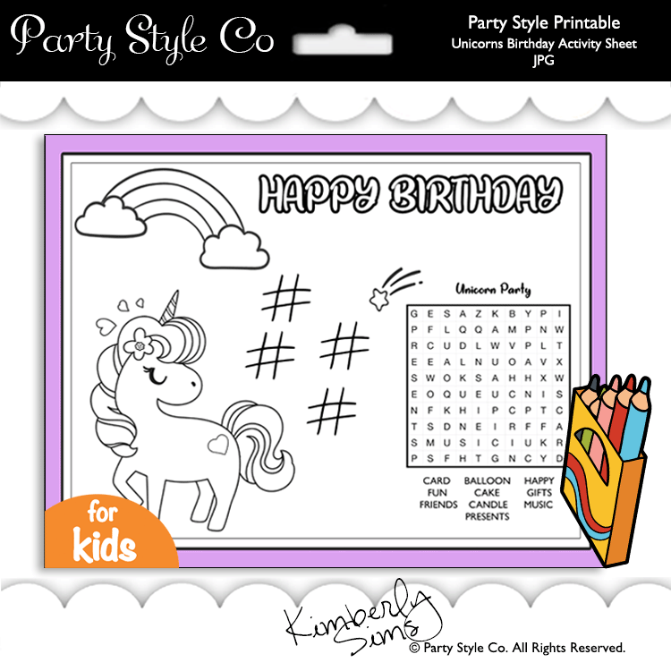 Unicorn Birthday Activity Sheet| Party Printables| Party Style CO